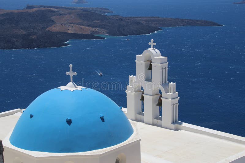 Santorini Blue Dome Three Bells Stock Image - Image of religious ...