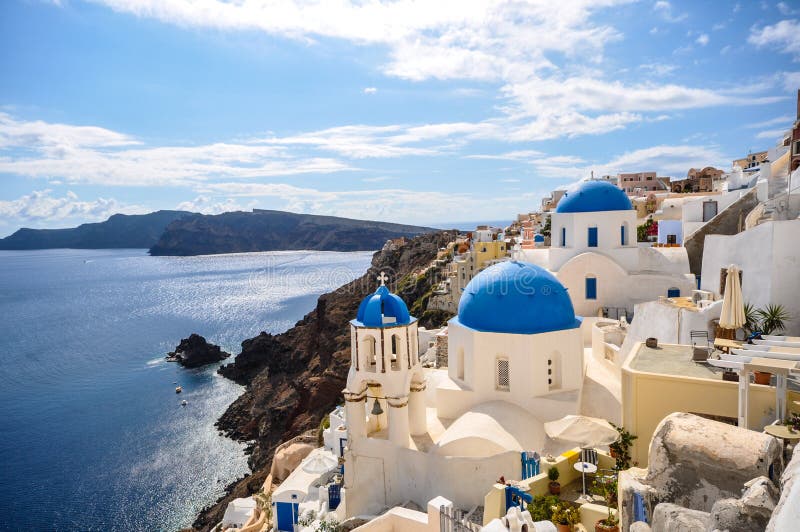 Santorini blue roofs stock image. Image of roofs, volcano - 57543961