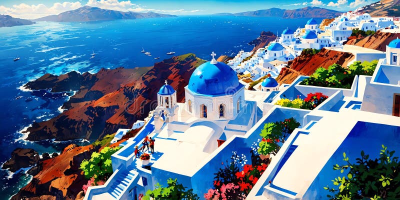 Santorini Caldera Greece Anime Style Stunning Aestheti Ai Generated ...