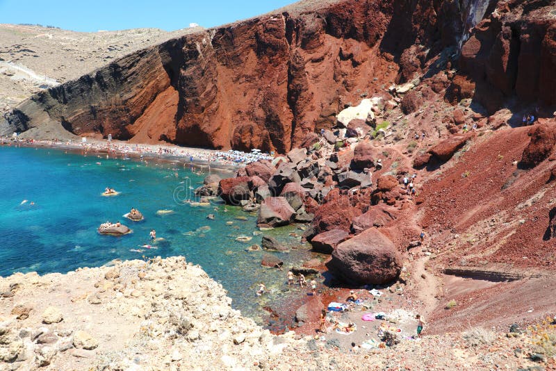 SANTORINI, GREECE - JULY 21, 2018: Red Beach In Volcanic Island Of ...