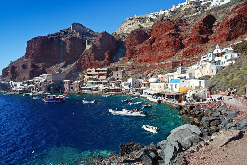 Amoudi Portoia Santorini Griecheinsel Stockfoto - Bild von tavernen ...