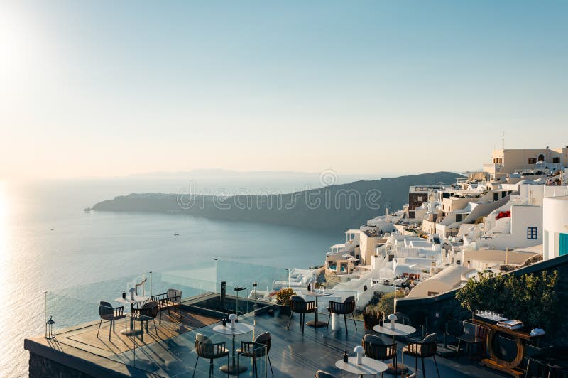 Santorini Rooftop Terrace, Tables, and Views. Stock Image - Image of ...
