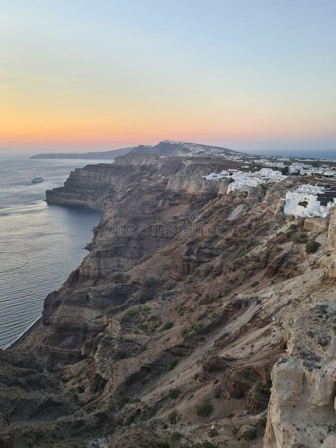 Santorini, View on Kaldera and Bay Sunset Stock Image - Image of cross ...