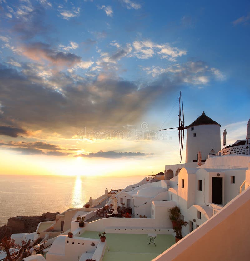 Oia Sunset, Santorini Island, Greece Stock Image - Image of windmill ...
