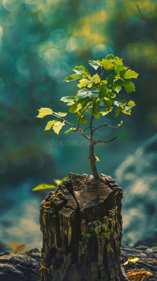 Sapling Growing from Old Tree Stump with Blurred Green Background Stock ...
