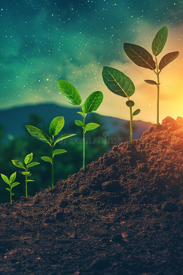 Sapling Growth Stages Under Starry Sky Stock Illustration ...