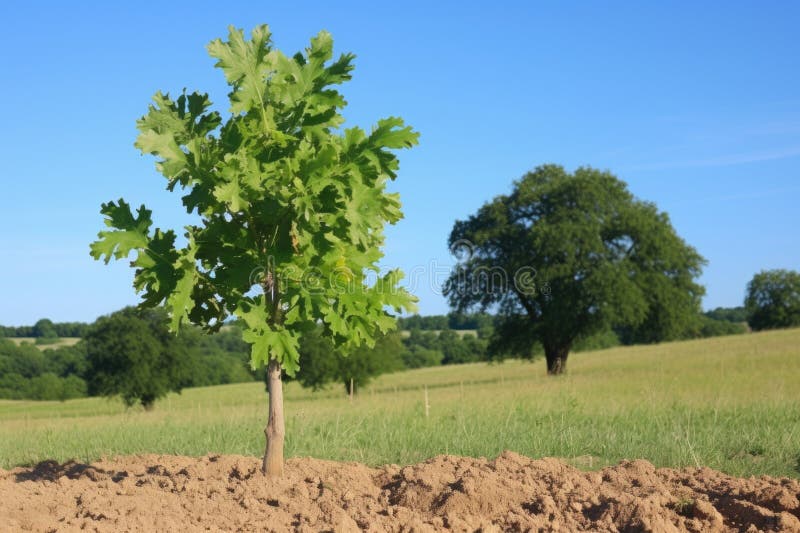 A Sapling on One Side and a Fully Grown Oak Tree on the Other Stock ...