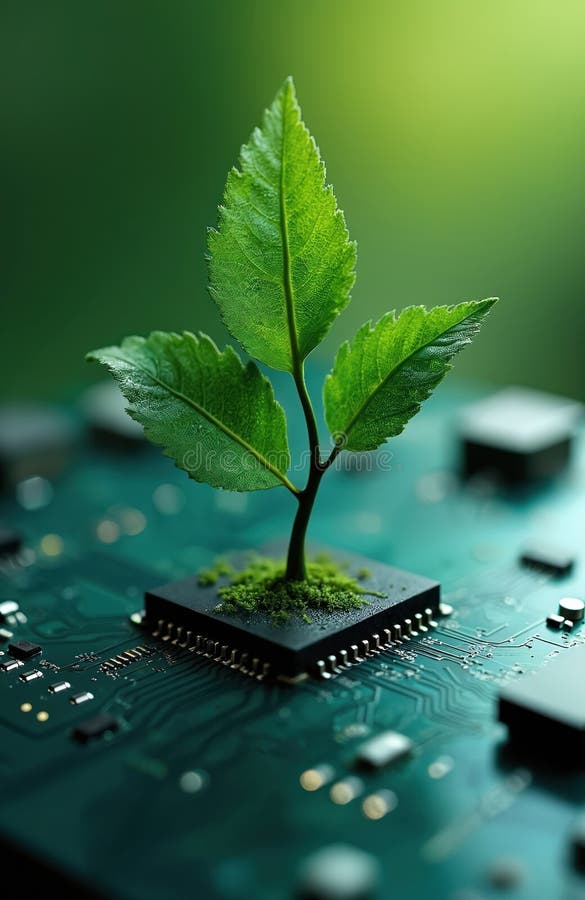 Sapling Sprout Grows on Computer Circuit Board, Green Tech. Tree ...