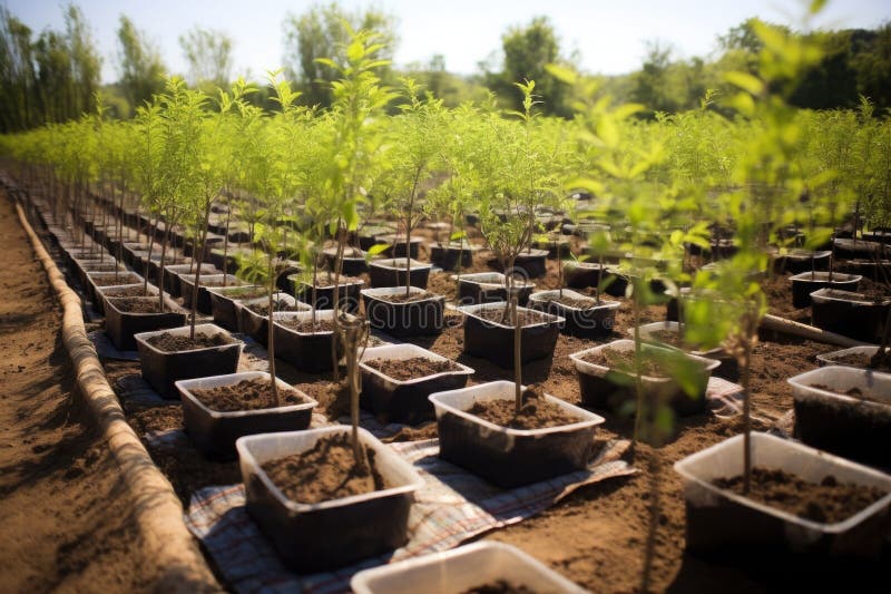 Saplings Planted at Varying Distances in a Nursery Stock Photo - Image ...