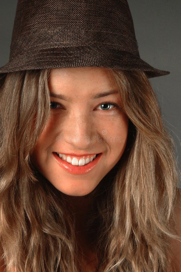 Sarah with a Smile and a Hat Stock Image - Image of waivy, hair: 11214791