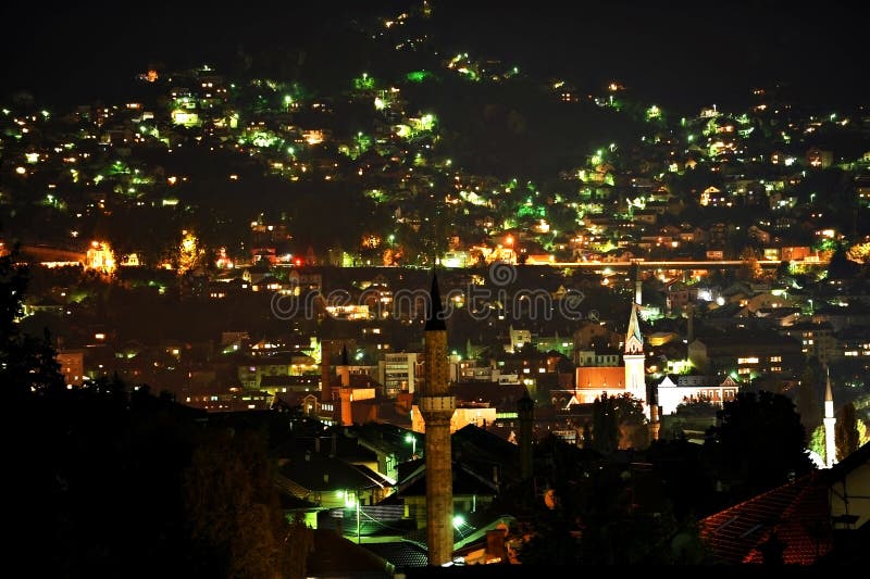Sarajevo panorama at night stock photo. Image of view - 79354326