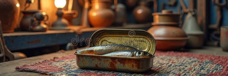 Sardines in Rusty Tin Can on Rug in Rustic Kitchen Setting Stock Image ...