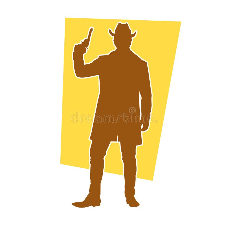 Silhouette of a Man Wearing Cowboy Costume Carrying Pistol Revolver Gun ...