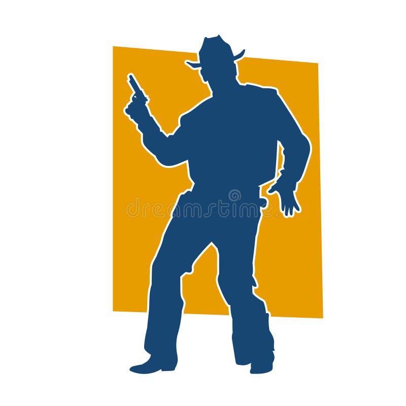 Silhouette of a Man Wearing Cowboy Costume Carrying Pistol Revolver Gun ...