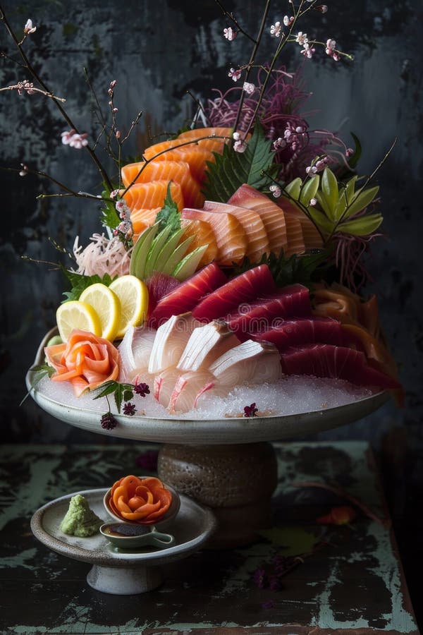 Sashimi. Assorted Sashimi with Various Types of Fish, Lemon Slices, and ...
