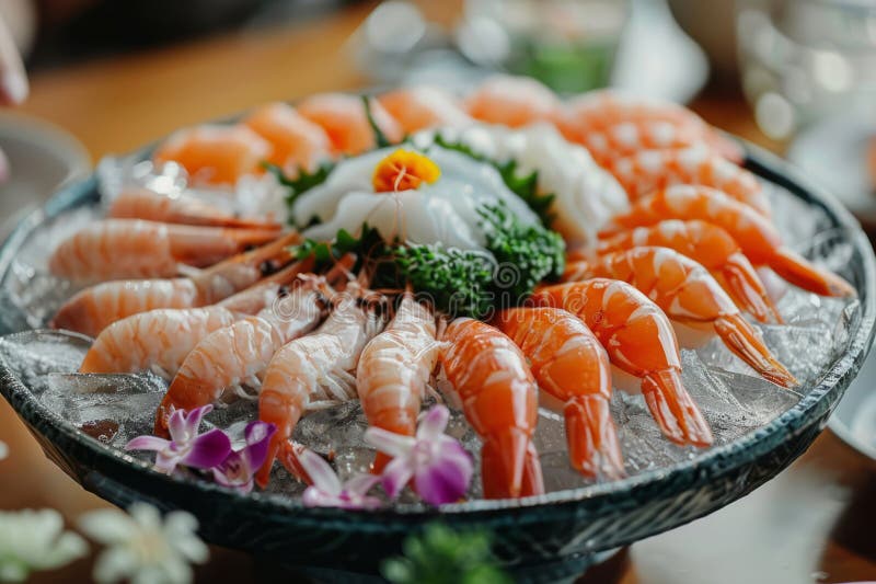 Sashimi Platter with Shrimp. Fresh Sashimi Set on Ice Stock Photo ...