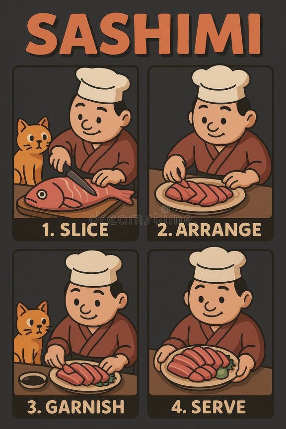 Sashimi Preparation Stages Illustrated, Featuring Precise Fish Cutting ...