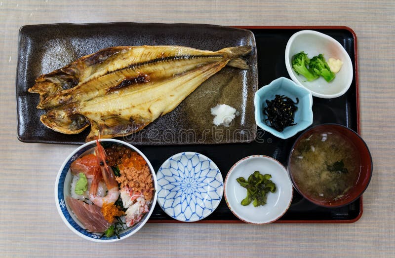 Sashimi Raw Fish on Rice Set Serve with Grilled Fish Stock Photo ...