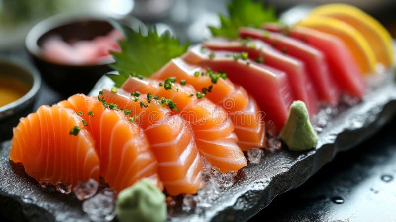 Sashimi Selection: Slices of Raw Fish, Artfully Presented with Wasabi ...