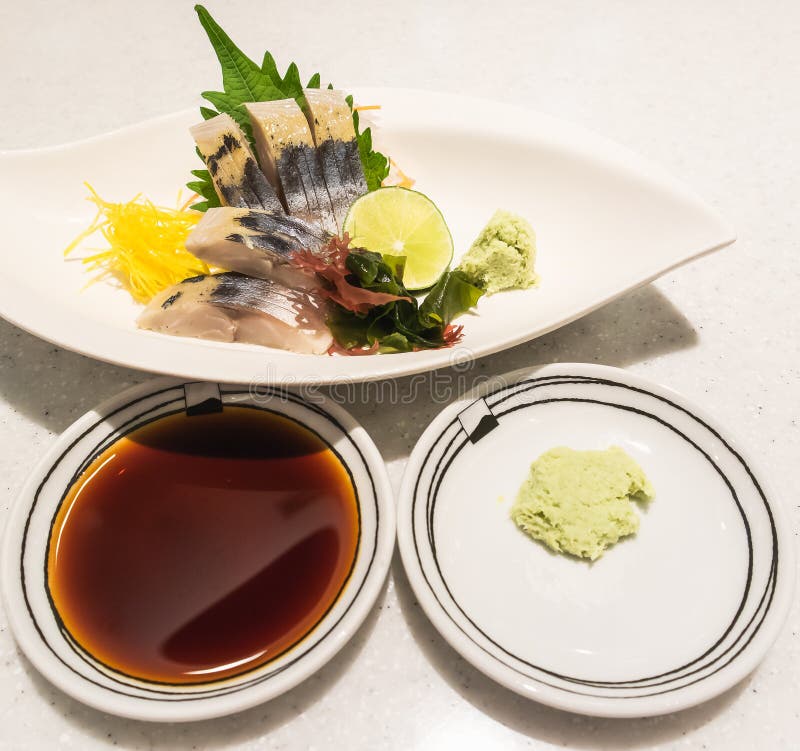 Sashimi Sliced Raw Japanese Fish Dish on Marble Table Stock Photo ...