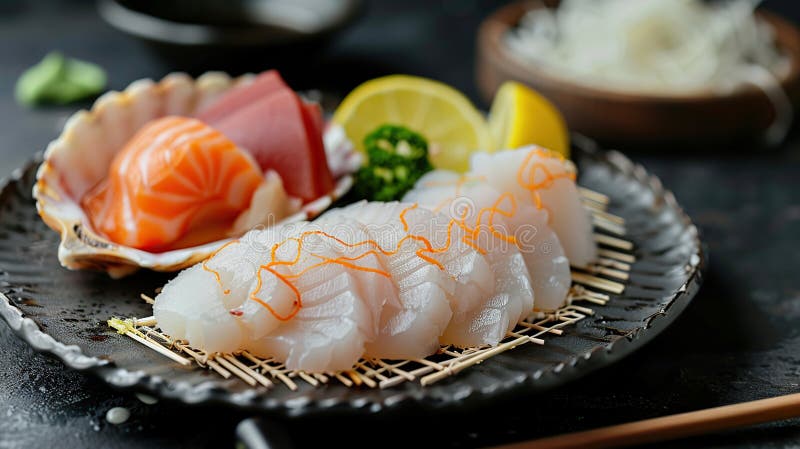 Sashimi Sushi Set with Scallop on Shell with Daikon and Lemon on Plate ...