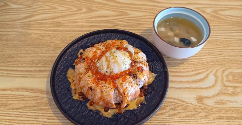 Sashimi Volcano Onsen Egg Rice with Miso Soup Stock Photo - Image of ...
