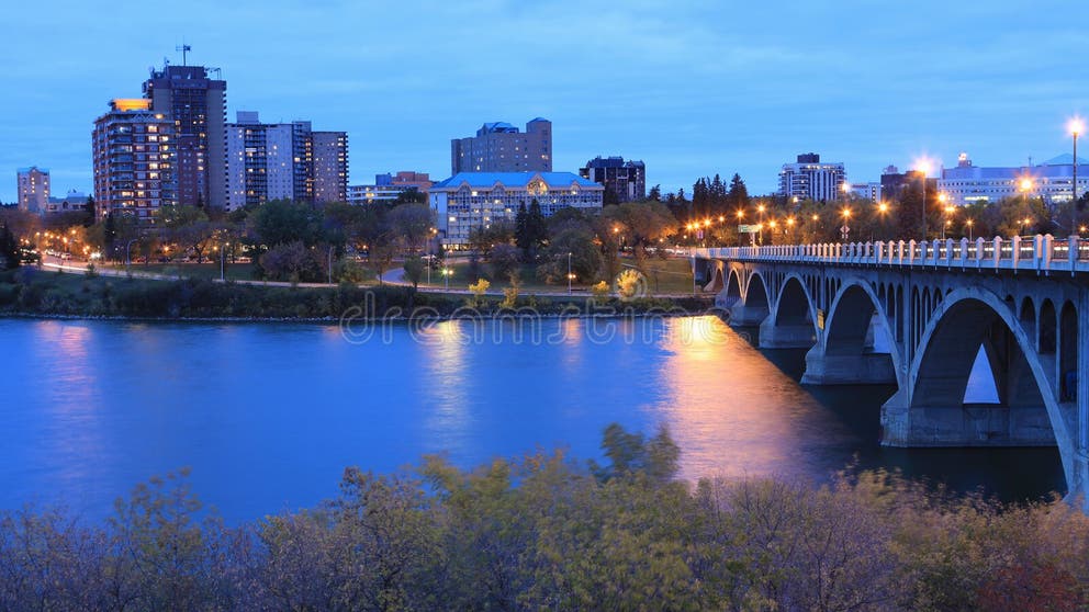 Saskatoon, Canada Cityscape at Night Stock Photo - Image of riverbank ...
