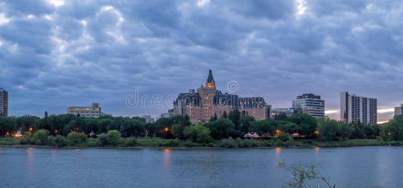Saskatoon skyline at night stock photo. Image of light - 77687058