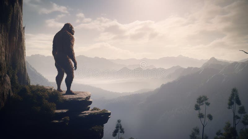 Sasquatch on Cliff, Digital Art Illustration, Generative AI Stock ...