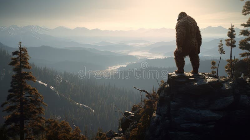 Sasquatch on Cliff, Digital Art Illustration, Generative AI Stock ...