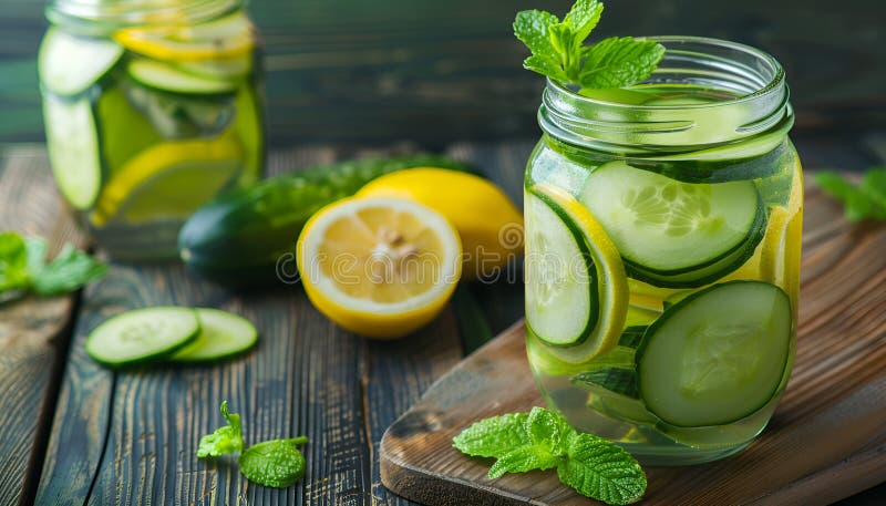 Sassy Water or Water with Cucumber and Lemon on Wooden Table Stock ...