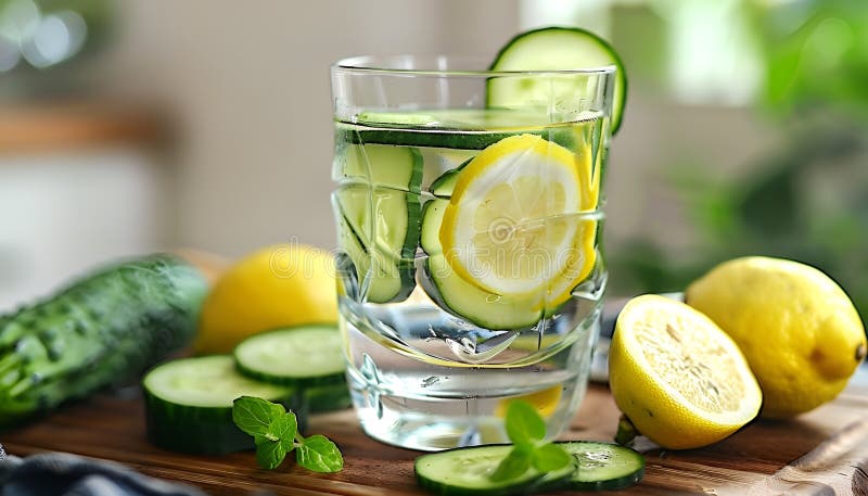 Sassy Water or Water with Cucumber and Lemon on Wooden Table Stock ...