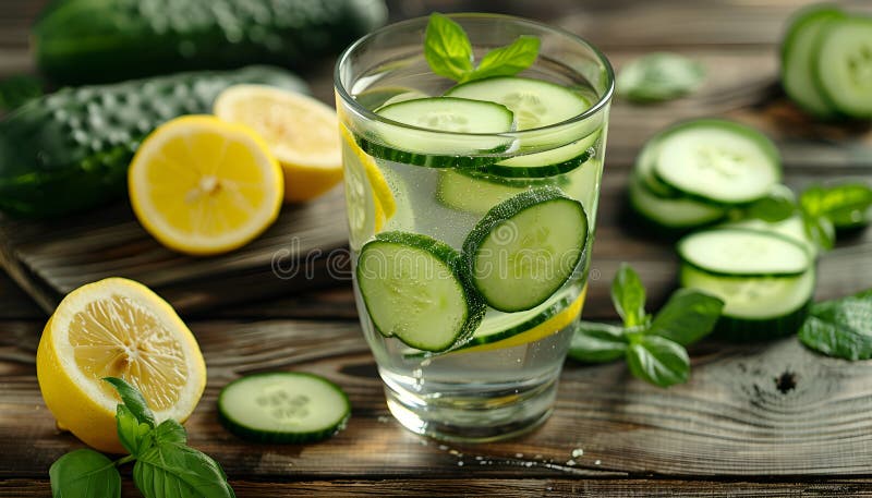 Sassy Water or Water with Cucumber and Lemon on Wooden Table Stock ...