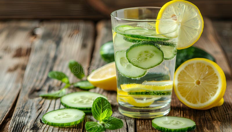 Sassy Water or Water with Cucumber and Lemon on Wooden Table Stock ...