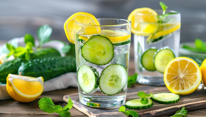 Sassy Water or Water with Cucumber and Lemon on Wooden Table Stock ...