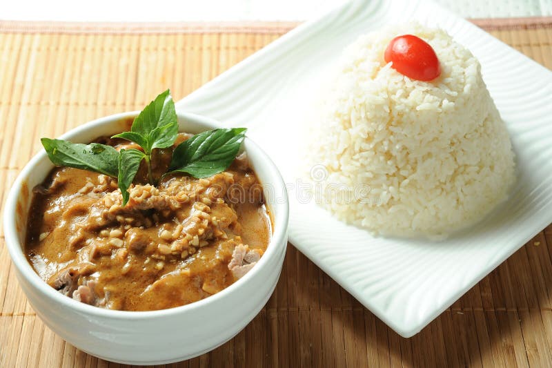 Satay Beef Rice Served in Dish Isolated on Table Top View of Meal Stock ...