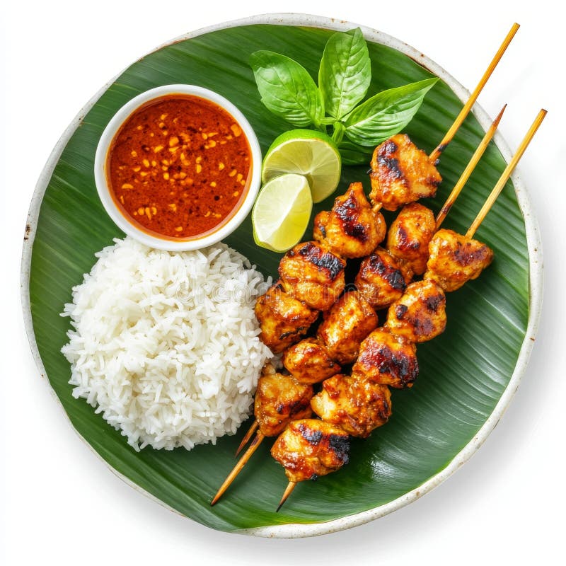 Satay Chicken with Delicious Peanut Sauce Isolated on White Stock Image ...