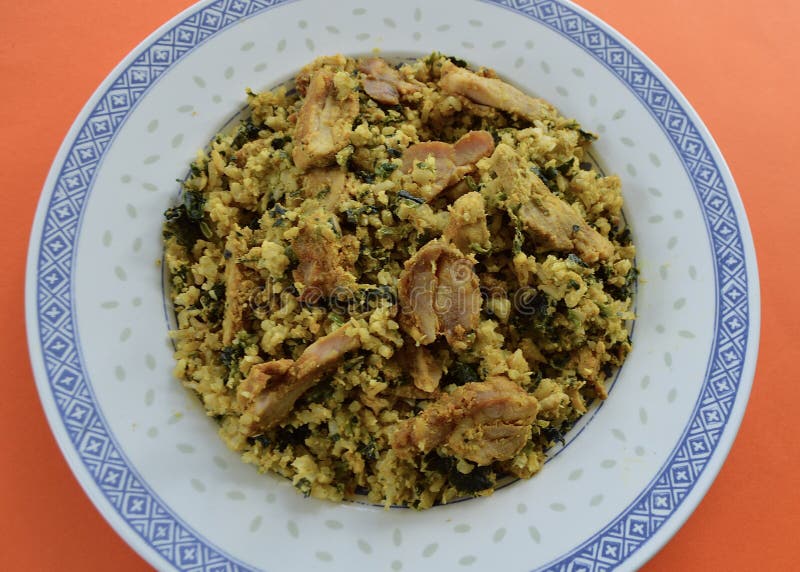 Satay Chicken with Spinach and Rice Stock Image - Image of garlic ...