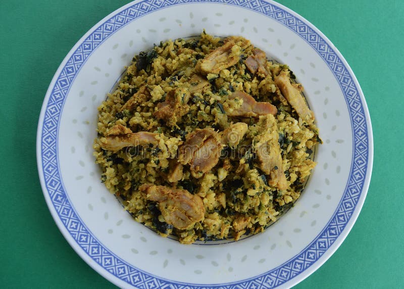 Satay Chicken with Spinach and Rice Stock Photo - Image of cumin ...