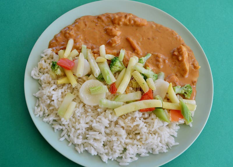 Satay Chicken with Vegetables and Rice Stock Photo - Image of chicken ...