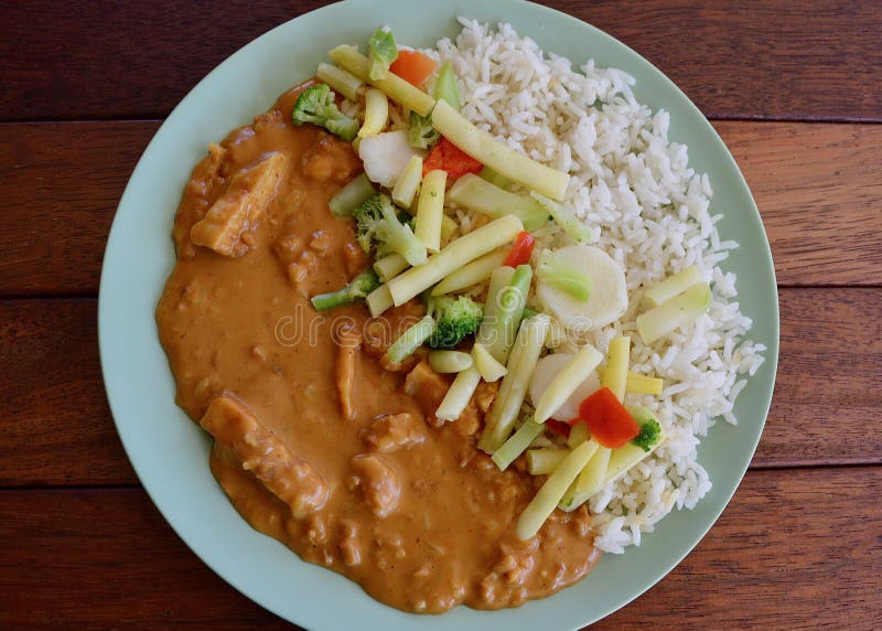 Satay Chicken with Vegetables and Rice Stock Image - Image of chicken ...