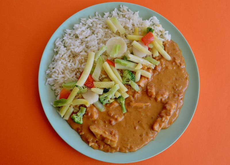 Satay Chicken with Vegetables and Rice Stock Image - Image of plate ...