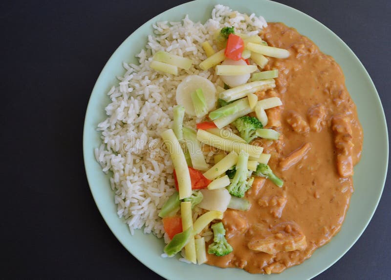 Satay Chicken with Vegetables and Rice Stock Photo - Image of coconut ...