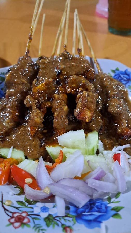 Sate Solo with Chili, Cucumbar, Onion and Rice Cake Stock Image - Image ...