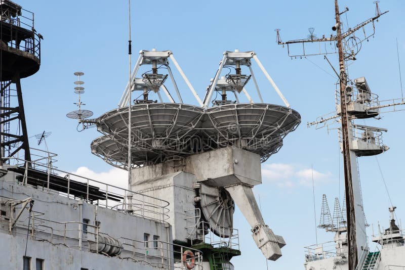 Satellite Antenna on the Upper Deck of a Navy Ship Stock Image - Image ...