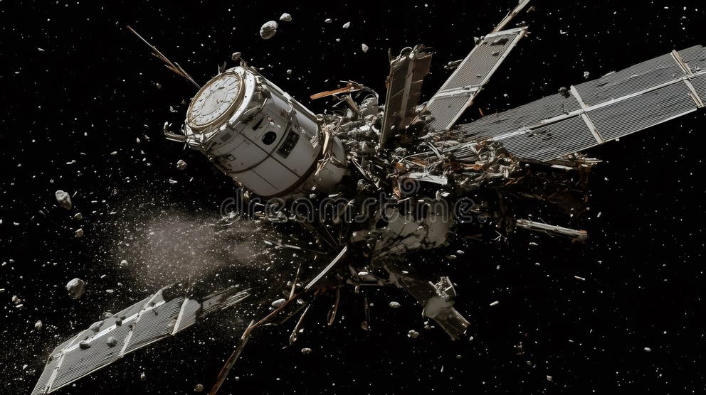 Satellite Breaking Apart after Collision in Space Debris Field Stock ...