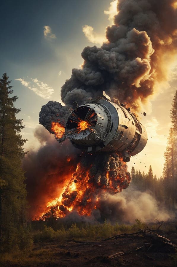 Satellite Crash Impact in Forest with Explosion and Fire Stock ...