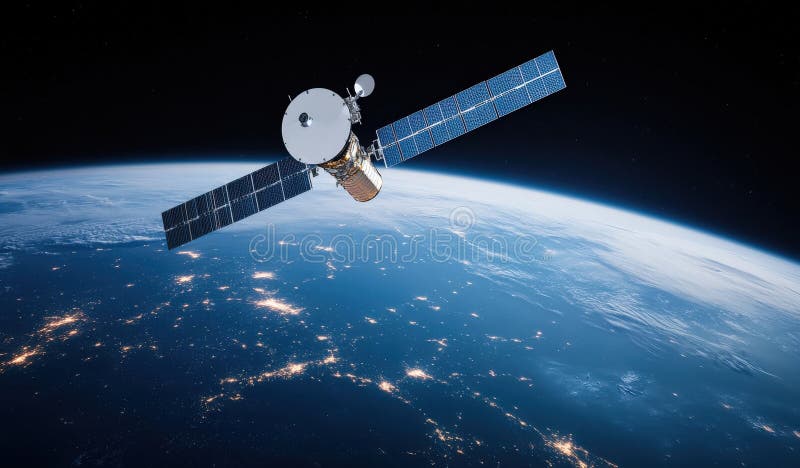 A Satellite is Currently Flying High Above the Earth in Space Stock ...