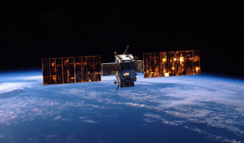 A Satellite is Currently Flying High Above the Earth in Space Stock ...