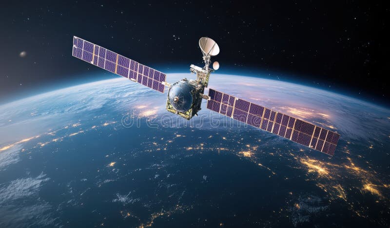 A Satellite is Currently Flying High Above the Earth in Space Stock ...